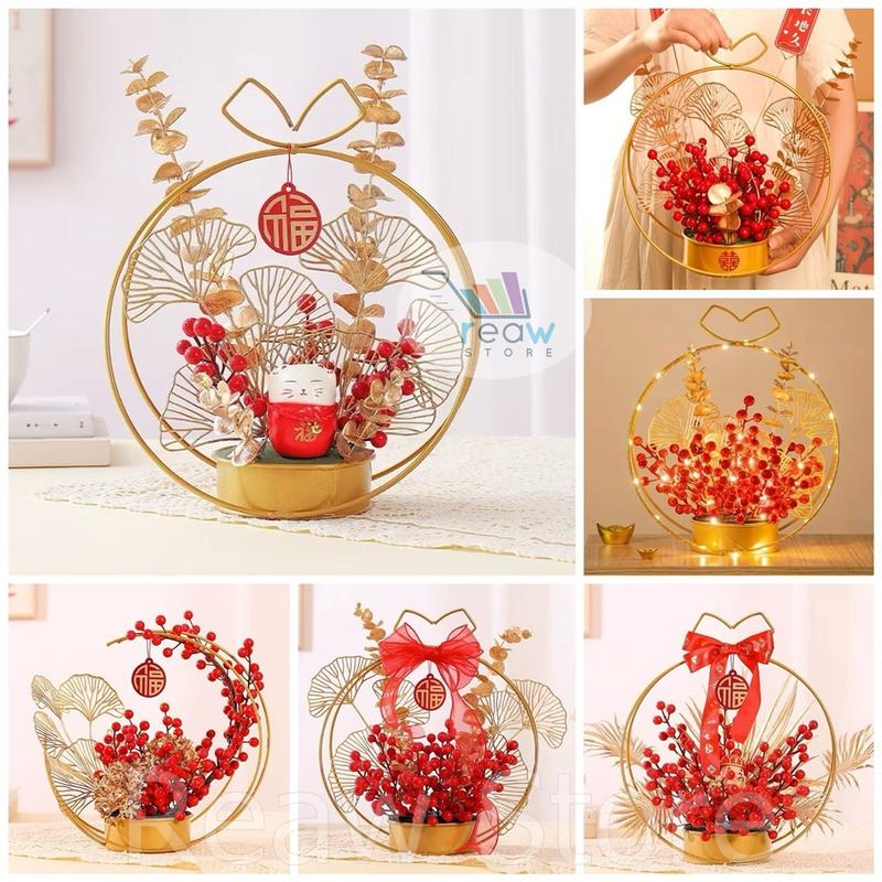PREMIUM Set Vas Bunga Cherry Merah Gold Hiasan Dekorasi Pajangan Imlek ...