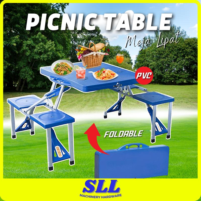 Foldable PVC Picnic Table Meja Lipat With 4 Chairs Folding Adjustable ...