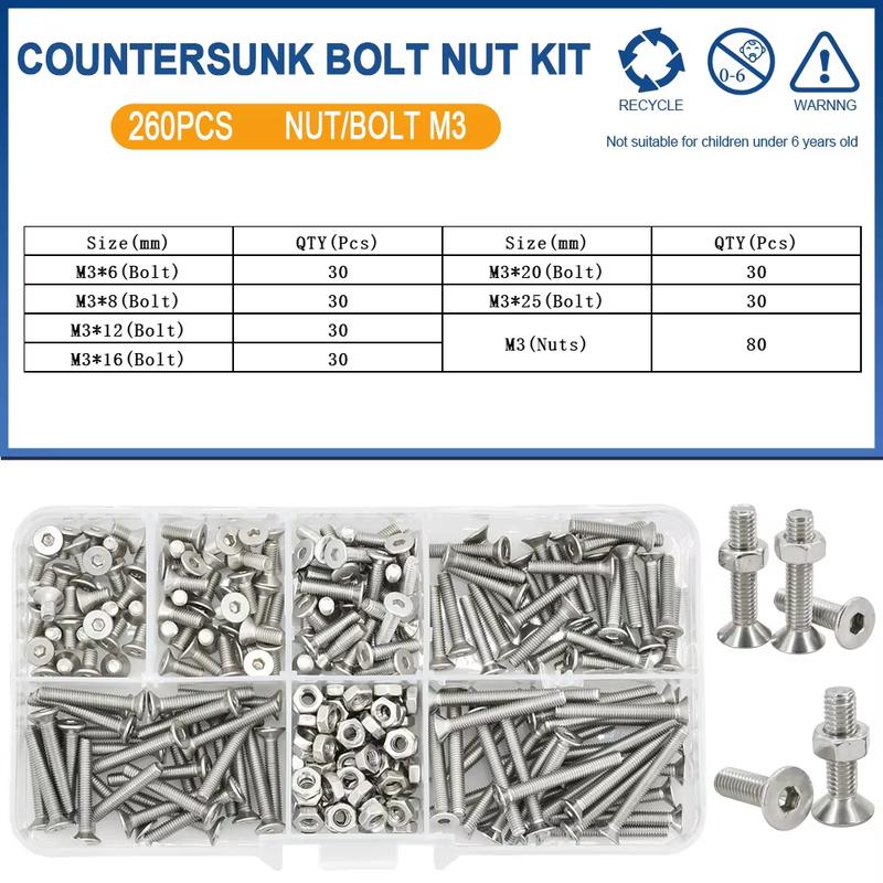 Skru Kepala Kunci Allen, 260PCS, M3 * 304 Keluli Tahan Karat, Set Skru ...