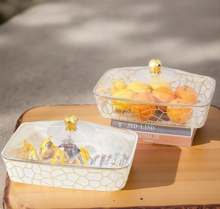 2025 Transparent Storage Tray with Lid Gold Edge Fruit Bowl for Buffet ...