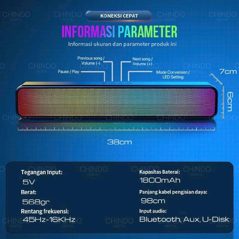 Speaker Bluetooth Powerful Bass Stereo Long RGB Lampu LED Soundbar TV ...