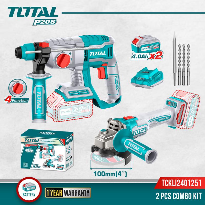 TOTAL Li-ion Combo Kit (2 Pcs, Brushless) Angle Grinder + Rotary ...