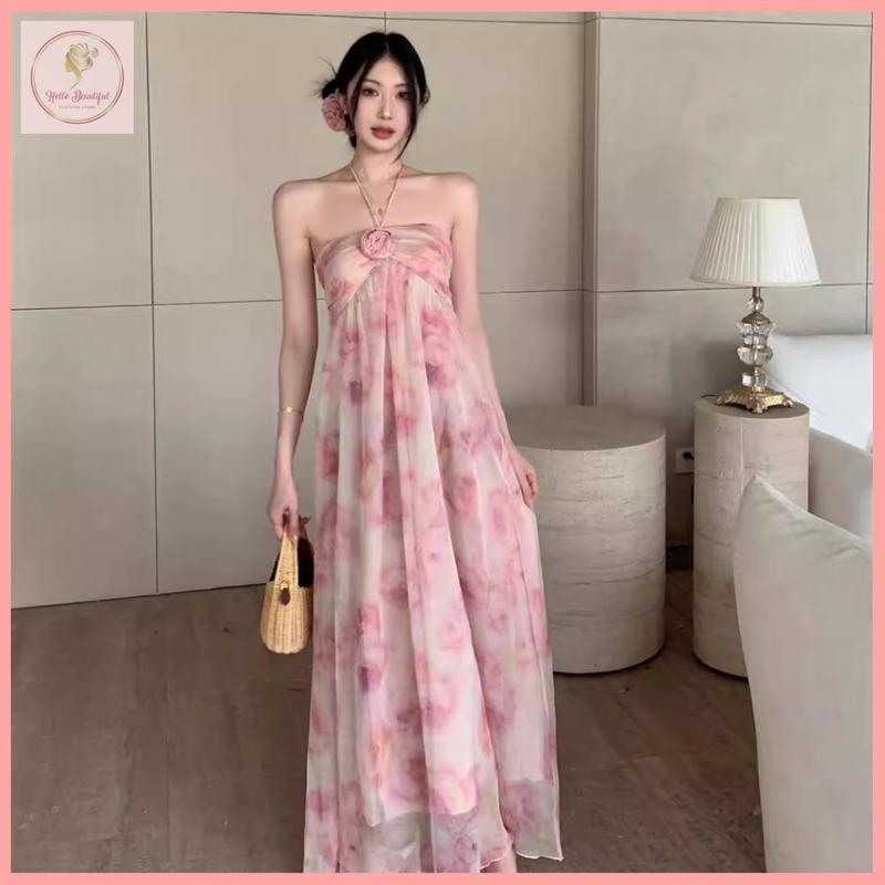 HB5923 Women's Floral print halter neck dress summer temperament ...