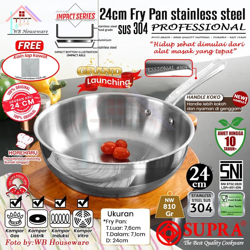 SUPRA New fry pan 24cm stainless steel SUS 304 impact bottom - TikTok Shop