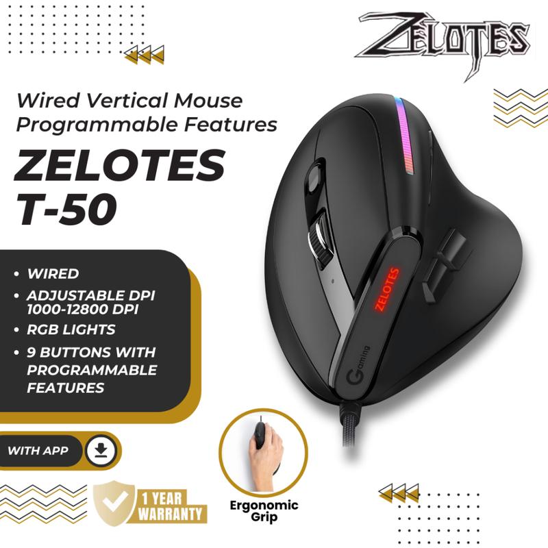 Zelotes T50 Vertical Ergonomic Mouse RGB Gaming 3200 DPI 7 Button ...