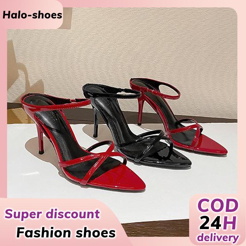 [ Halo ] Open Toe Red French Stiletto Heels Leather Classy Elegant ...