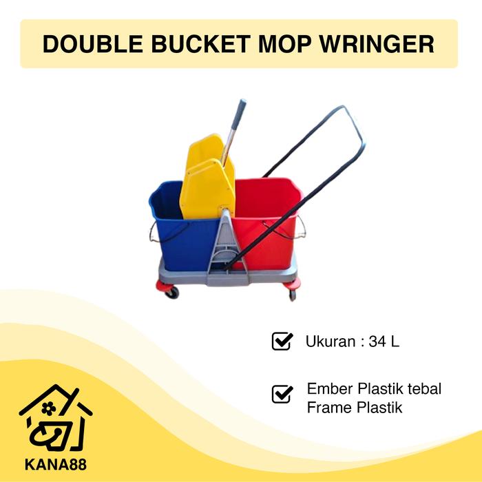 Jual Double Bucket 34L Plastik Trolley Press Mop With Wringer Ember ...