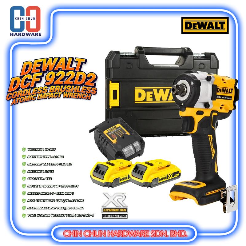 DEWALT 20V MAX BL ATOMIC IMPACT WRENCH 1/2"~610Nm (DCF922D2-B1 ...