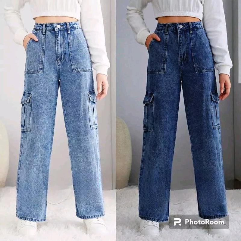 ledis cargo wide leg seluar jeans acid wash cargo premium quality ...