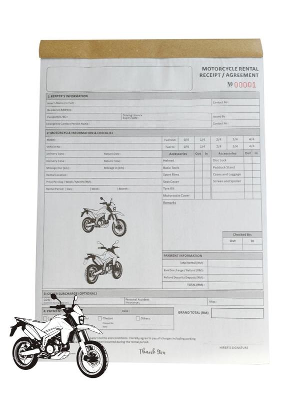 Buku Resit Tempahan Sewa Motorsikal - Motorcycle Rental Receipt ...
