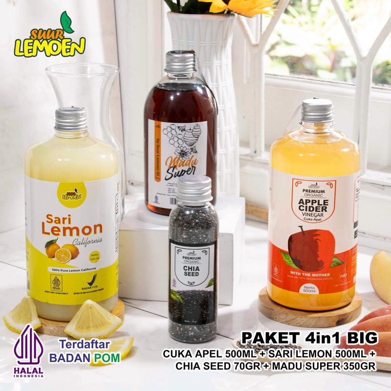 SUUR LEMOEN Paket 4 in 1 Cuka Apel 500ml Sari Lemon 500ml Madu Hutan ...