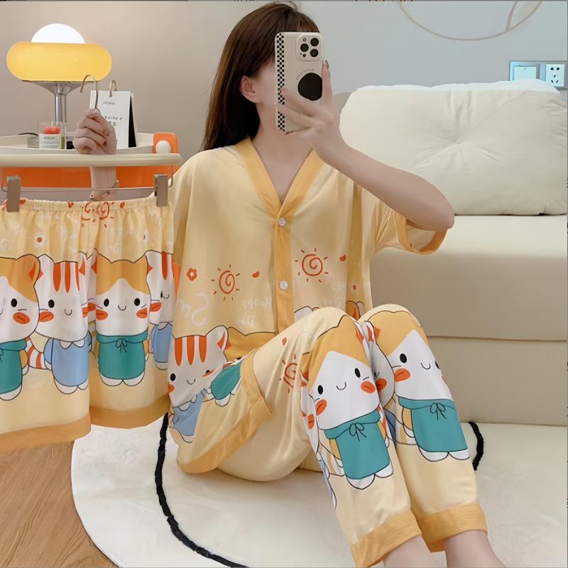 Pyjamas Slik Cotton 3 In 1 Pyjamas Set Cartoon Comfortable Sleepwear ...