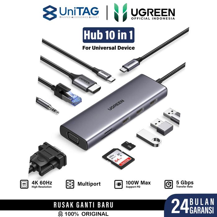 Promo UGREEN USB HUB Type C Multi Port RJ45 HDMI VGA RJ45 TF SD CARD 5 ...
