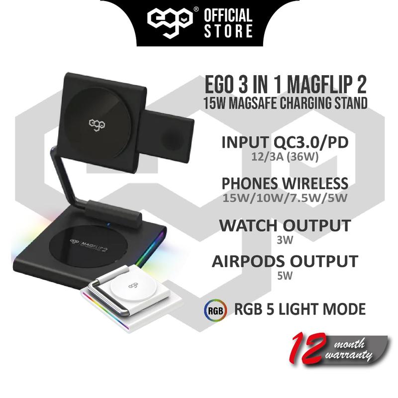 EGO Mag Flip 2 3IN1 15W Magsafe Foldable Wireless Charger Charging ...