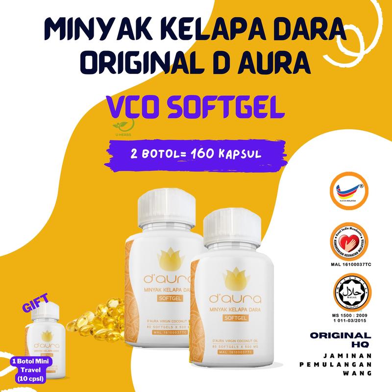 2 BOTOL VCO Kapsul Minyak Kelapa Dara D Aura Extra Virgin Coconut ...