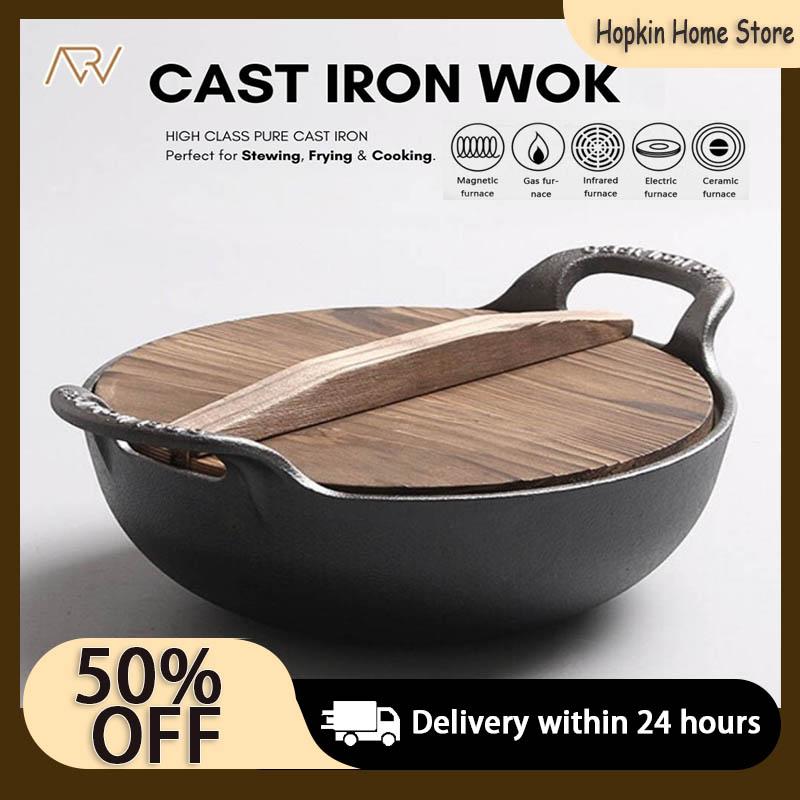 Cast Iron Wok with Wooden Lid and Dual Assist Handle, 20cm 25cm 30cm ...