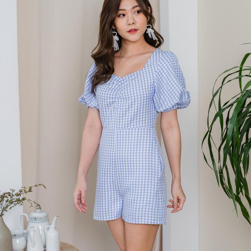 Isabella Puffy Sleeve Gingham Romper In Blue - TikTok Shop Singapore