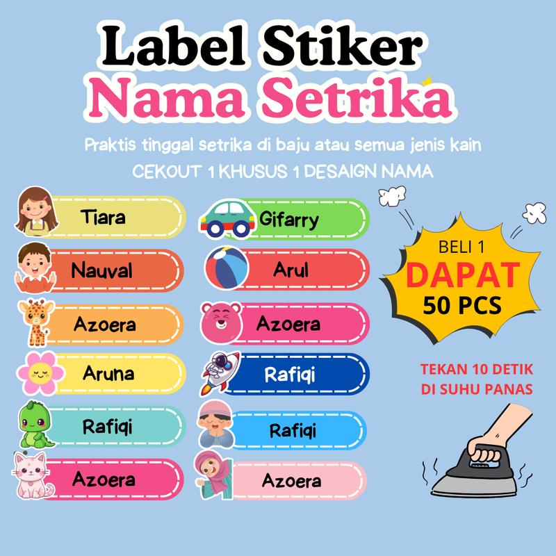 ISI 50 PCS Stiker Label Karakter Custom Nama Setrika / Stiker Untuk ...