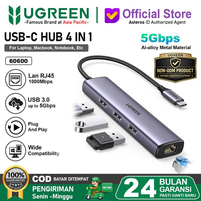 Jual UGREEN HUB 4 in 1 USB Type C To USB A 3.0 5Gbps dan LAN RJ45 ...