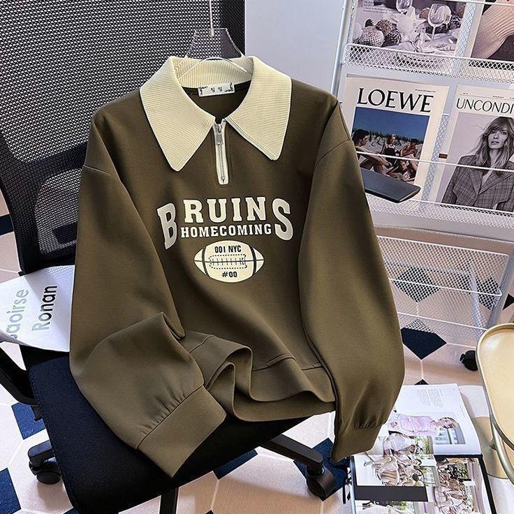 Kemeja-T Kolar Polo, Gaya Amerika, Sweater Lengan Panjang Wanita ...