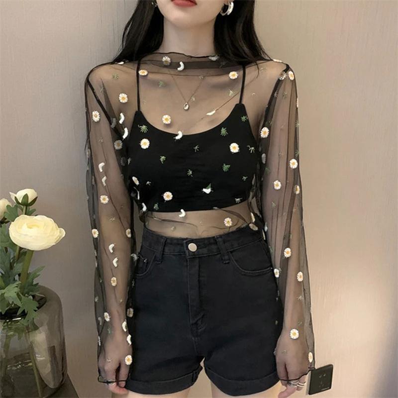 Women T Shirt See Through Transparent Mesh Tops Long Sleeve Sheer ...