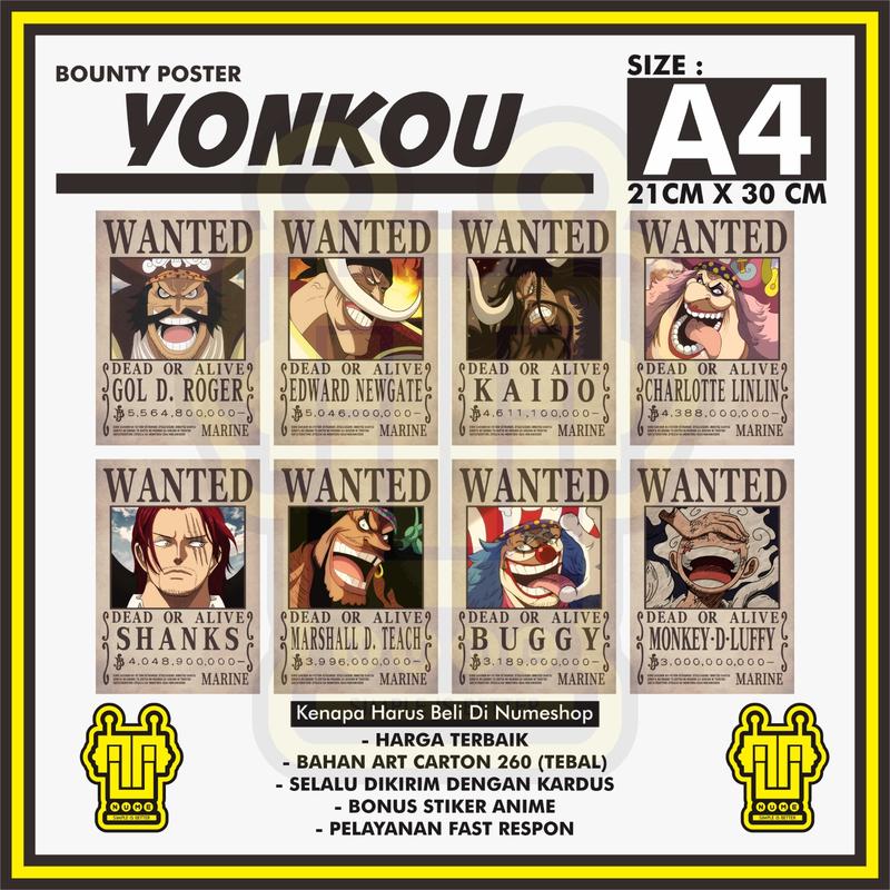 Poster Bounty Wanted One Piece Yonkou Ukuran A4 (20cmx30cm) 1set - Shop ...