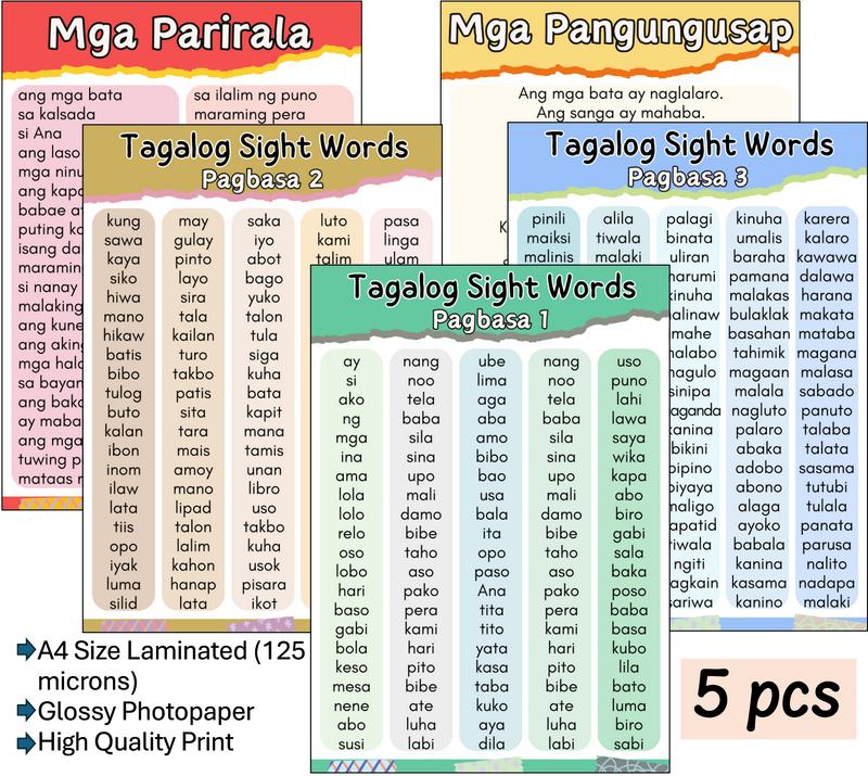 5pcs TAGALOG SIGHT WORDS Educational Chart for Kids - A4 Size - TikTok ...