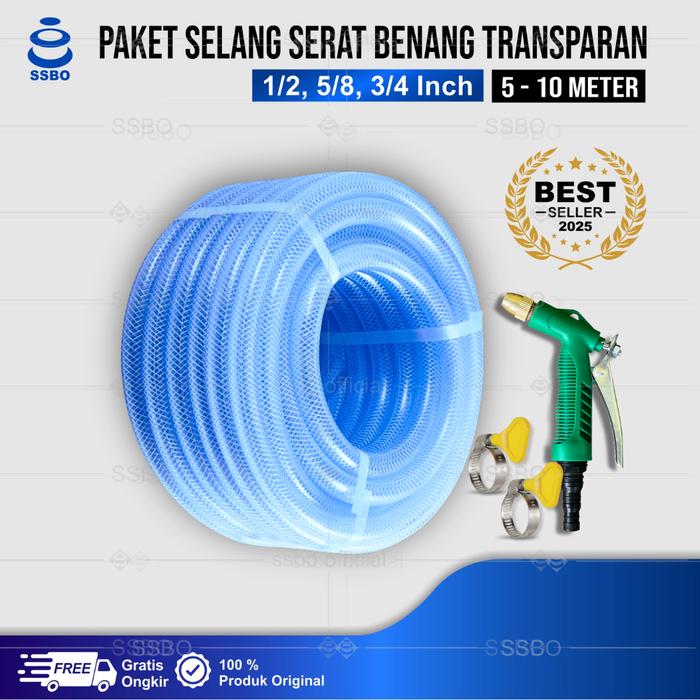 Promo Selang Air Serat Benang Transparan Plus Nozzle 5-10 Meter 1/2, 5/ ...
