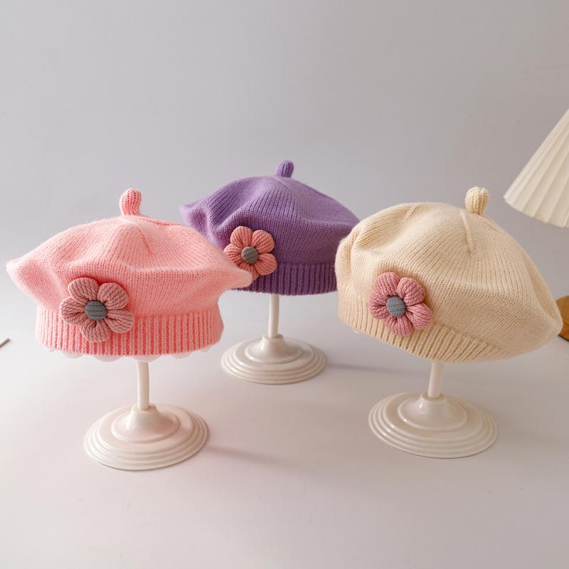 Cute Flower Knitted Baby Beret Hat Solid Color Infant Girls Beanie ...