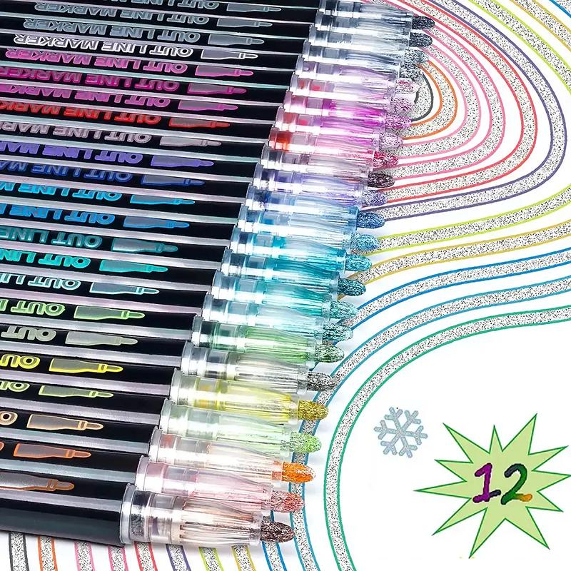 12 Colors double line outline Metallic Highlighter marker pens ...