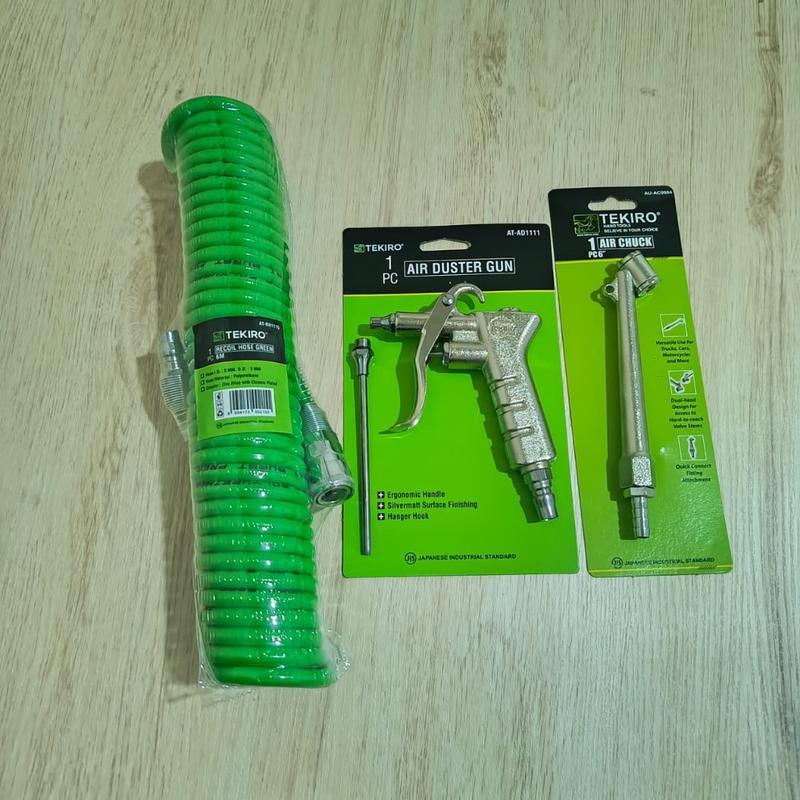 PROMO !!! Tekiro Selang Angin Spiral hijau 6 Meter ( 5x8 Mm )+Air Duster Gun+Air Chuck Alat isi ...
