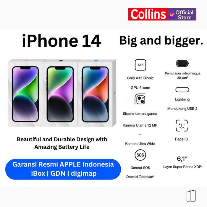 Promo [COLLINS] APPLE iPhone 14 128GB 256GB 512GB A15 Bionic CPU 6C ...