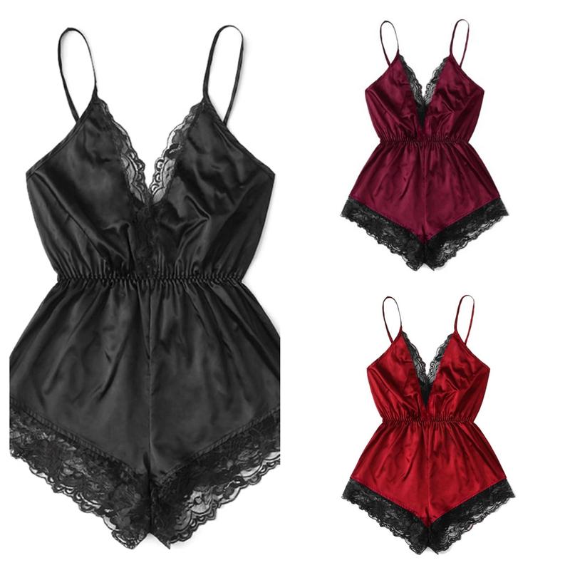 Women Summer Sexy Lingerie Set V neck Pajamas Lace Bodysuit Sleepwear ...