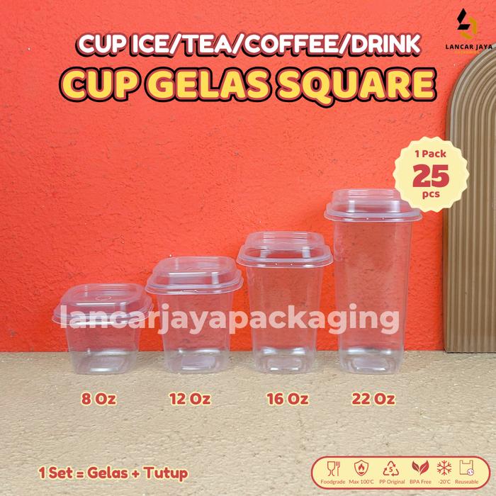 Promo HOK Cup Gelas Square Kotak Persegi + Tutup Tebal 8 12 16 22 Oz ...