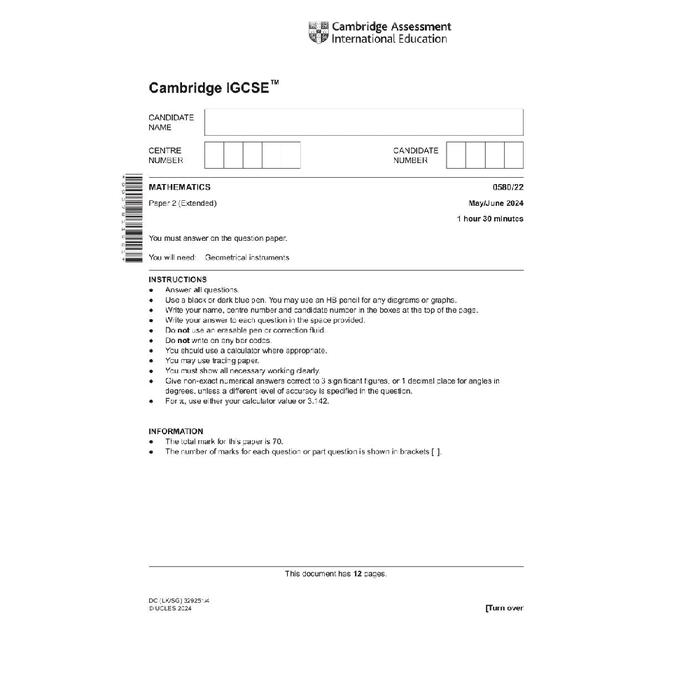Jual IGCSE Math 0580 2009-2024 extended May/June past papers & mark ...