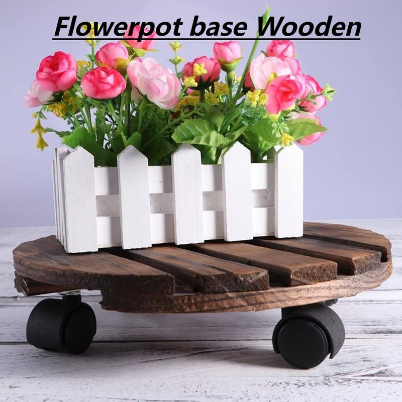 Round Wheeled Wooden Planter Caddy Movable Plant Flower Pot Stand ...