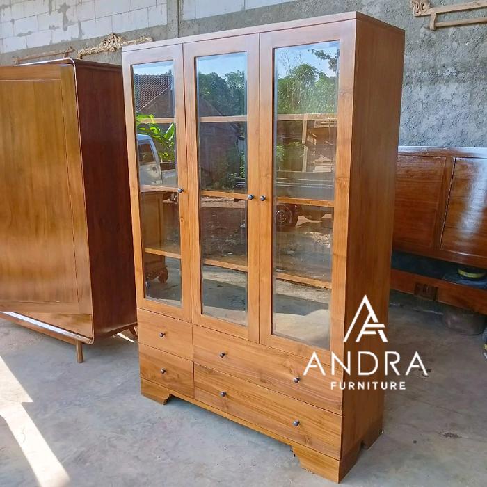 Jual almari buku kayu jati 3 pintu kaca 4 laci minimalis modern, lemari ...
