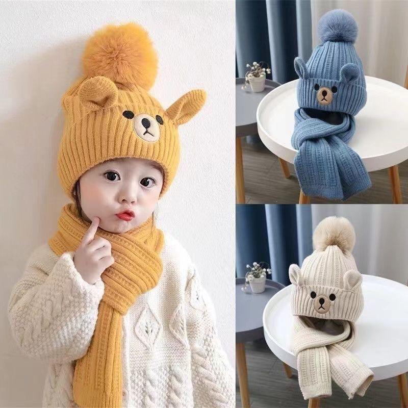 3-10Y 2Pcs Cartoon Bear Kids Hat Scarf Set Cute Pompom Winte - TikTok ...