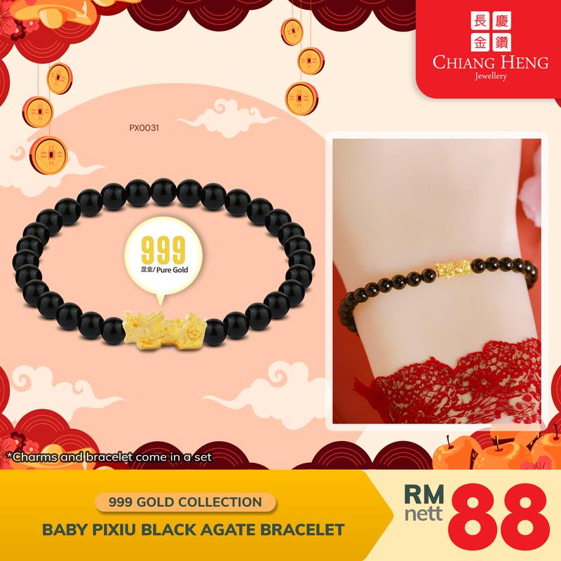 999 Gold Baby Pixiu Black Agate Bracelet - PX0031 - TikTok Shop Malaysia