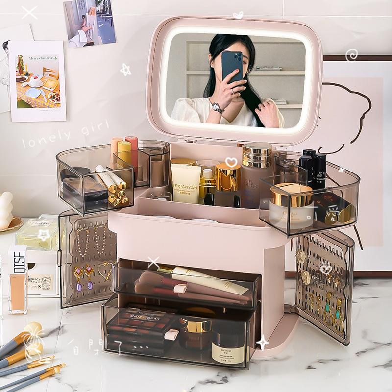 All-in-one portable makeup case with LED light, dustproof cosmetics ...