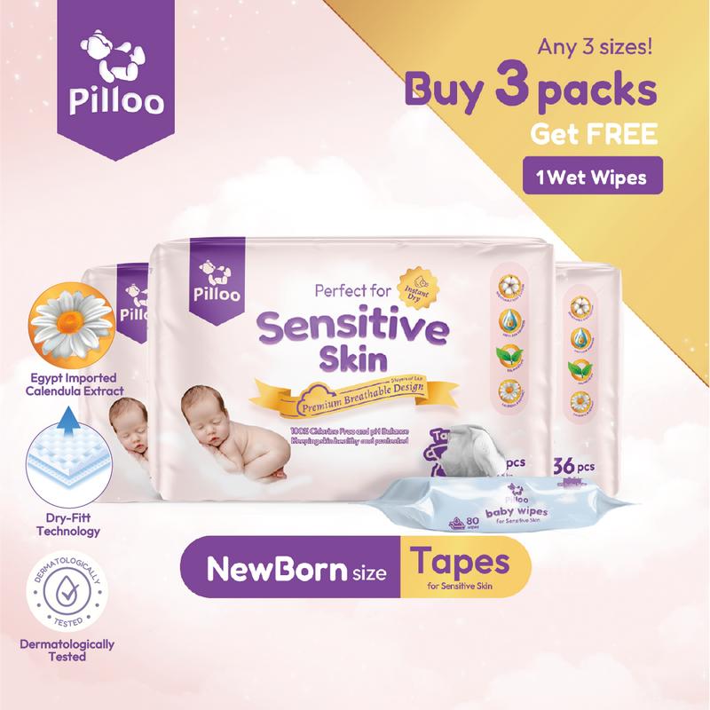 Pilloo Newborn Tape Diapers | [3 PACKS] +[1 BABY WIPES] | Egypt ...