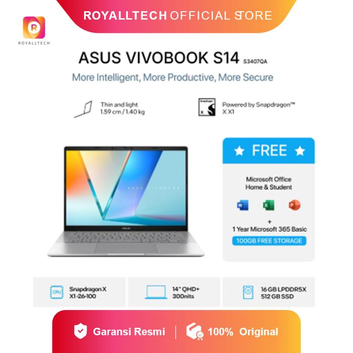 Promo LAPTOP ASUS VIVOBOOK S14 S3407QA SNAPDRAGON X1 RAM 16GB 512GB SSD ...