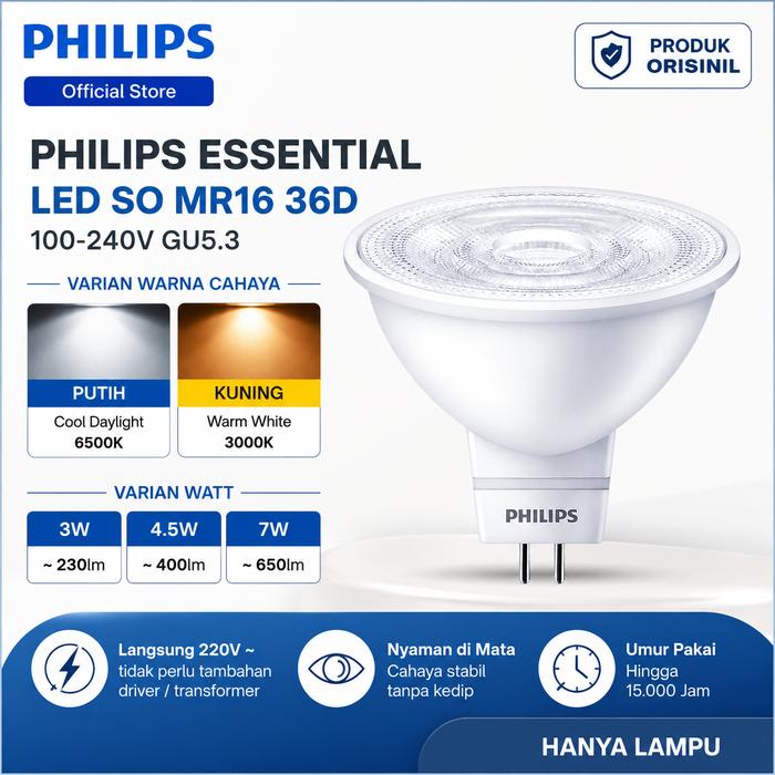 Promo PHILIPS Essential LED MR16 220V 3W / 4.5W / 7W 36D 100-240V ...