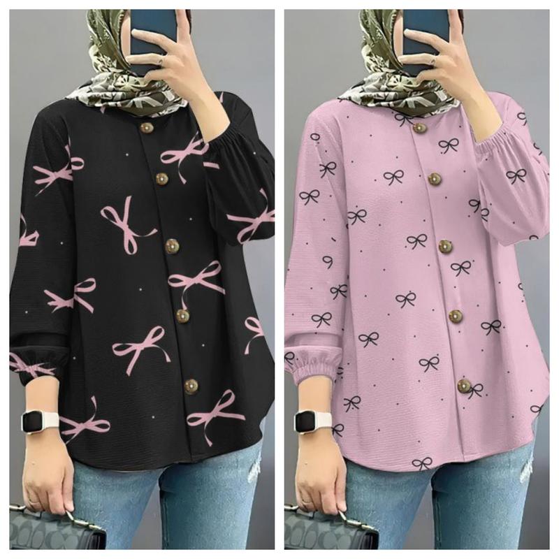 Kemeja Wanita Muslim, Gaya Ikat Rama-rama, Lengan Panjang, Ketibaan ...