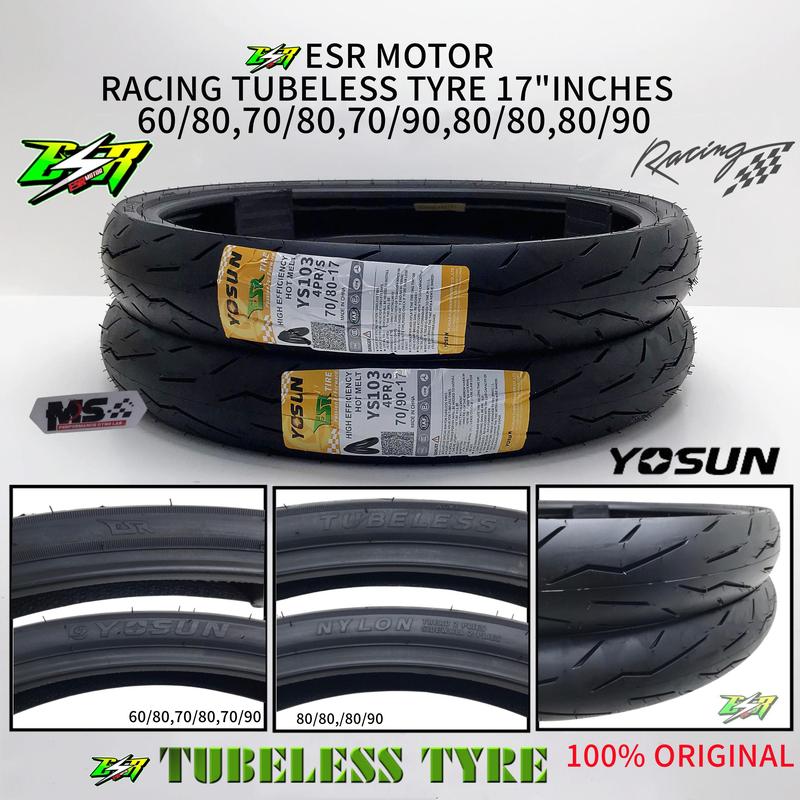 ESR MOTOR RACING TYRE (TAYAR ESR) TUBELESS 17" INCHES 60/80,70/80,70/90 ...