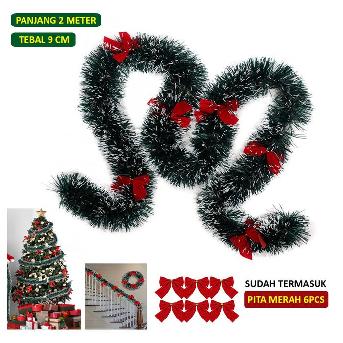 Jual Slinger Natal 2 Meter Tebal 9 cm Hijau Salju + Pita Merah Tinsel ...