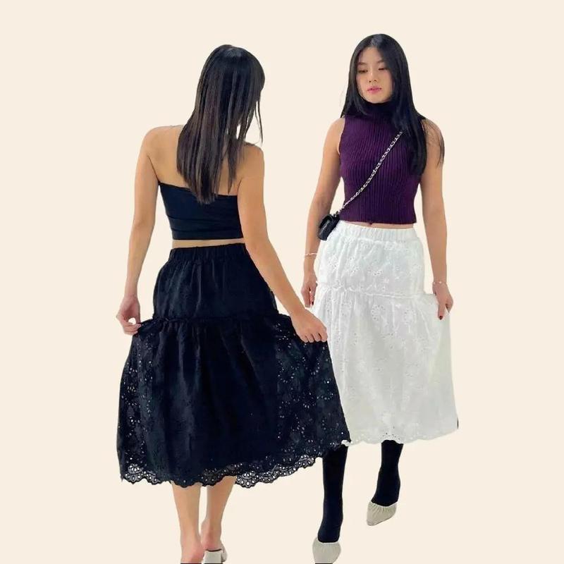 Chemaria Midi Cotton Lace Skirt Cantik Wanita Katun Casual Hitam - Shop ...
