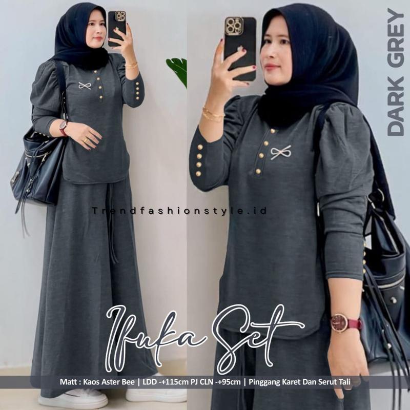 Ifuka Set Cullote Palazo Celana Lebar Polos Lengan Panjang Manset ...