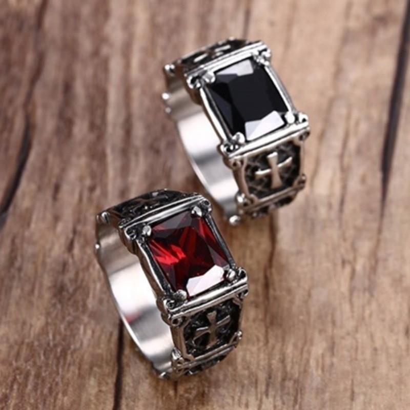 Vintage Men'S Fashion Personality Encrusted Ruby Cross Ring Hip ...