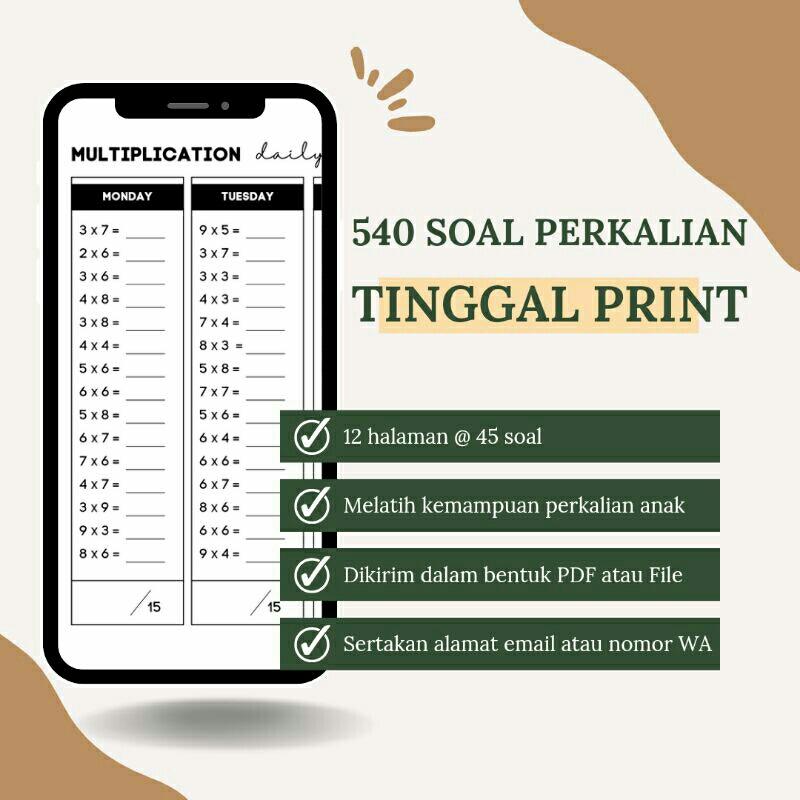 540 soal perkalian tinggal print latihan worksheet - Shop | Tokopedia
